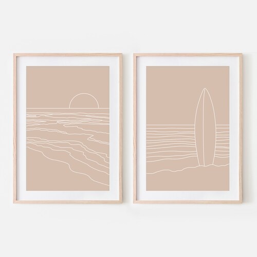Set of 2 Beach Line Art Prints Ocean Waves Sea Sunset Surf - Etsy