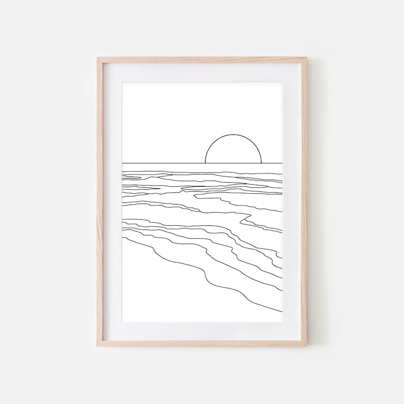 Sunset Beach Line Art Abstract Ocean Landscape Drawing - Etsy