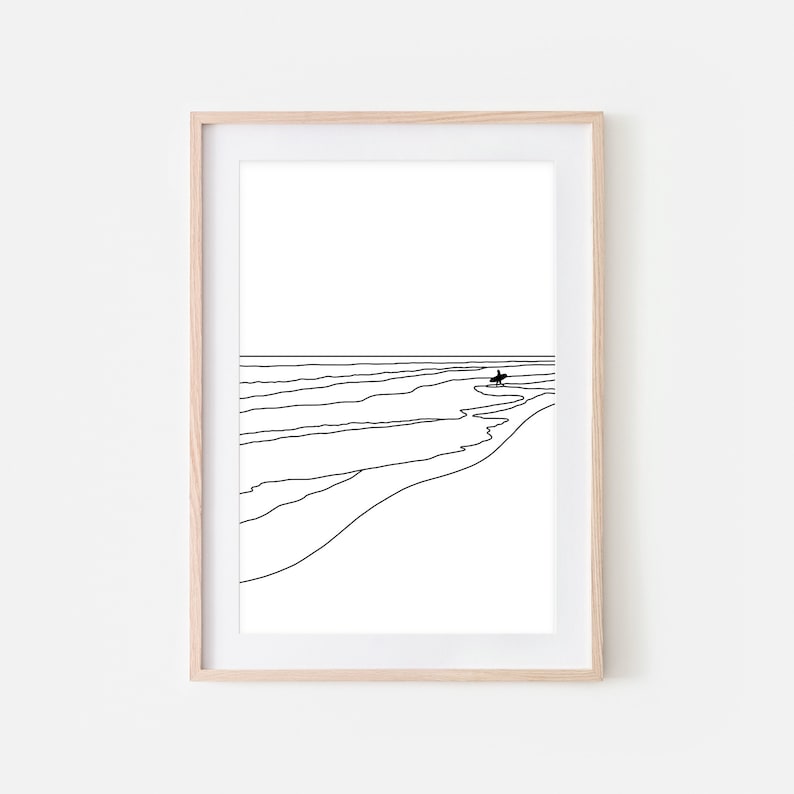 Surfer on Beach Line Art, Surfing Poster, Surf Decor, Ocean Black and ...