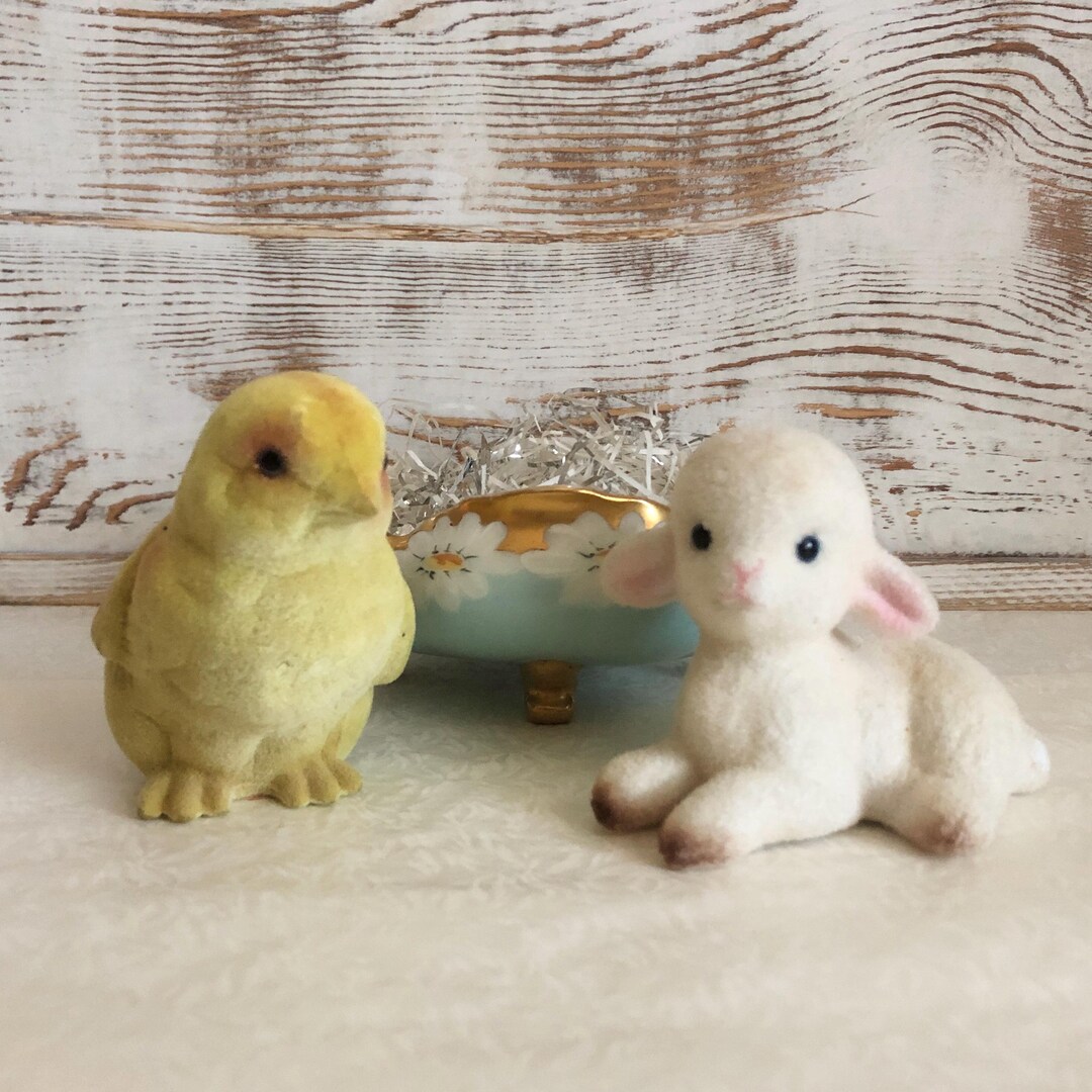 Retro Pair of Flocked Easter Figures White Lamb & Yellow Chick for ...