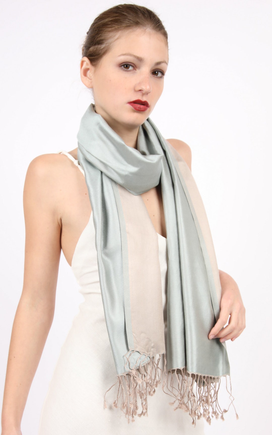 Two-tone Silk Scarf - Beige & Silver, Pure Silk Kashmir Wrap - Etsy