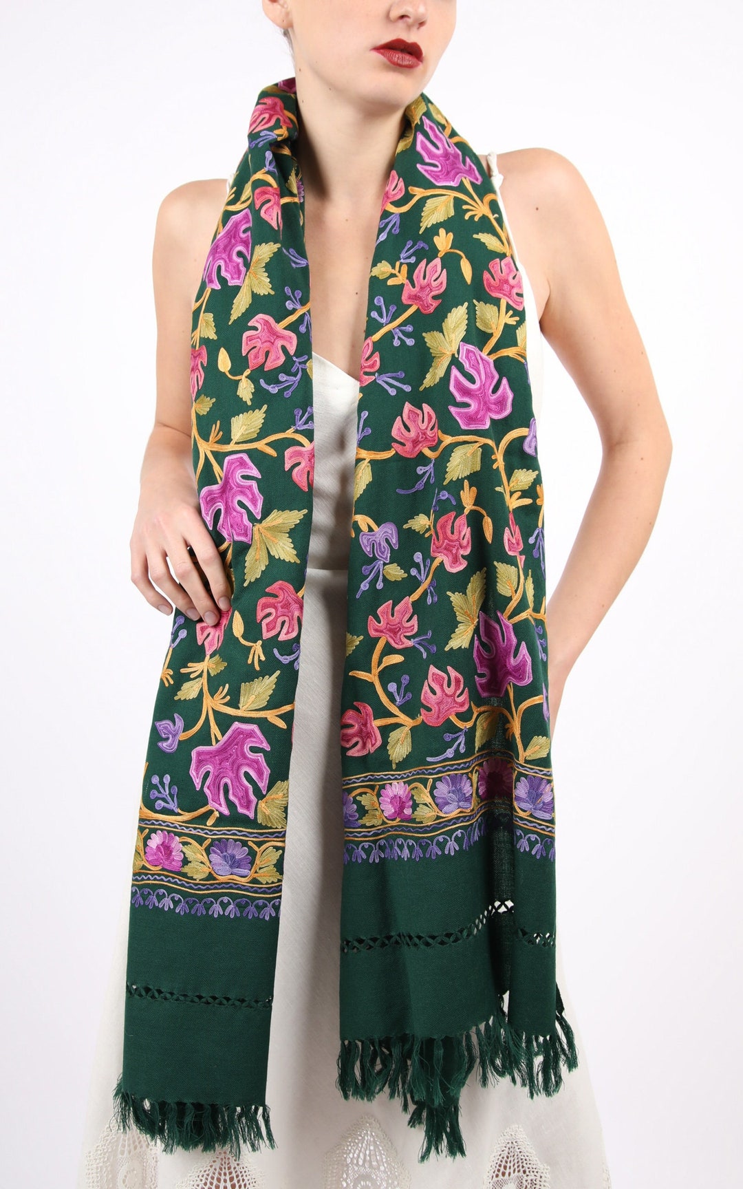Hand Embroidered Wool Shawl – Forest Green Floral Kashmir Scarf - Etsy