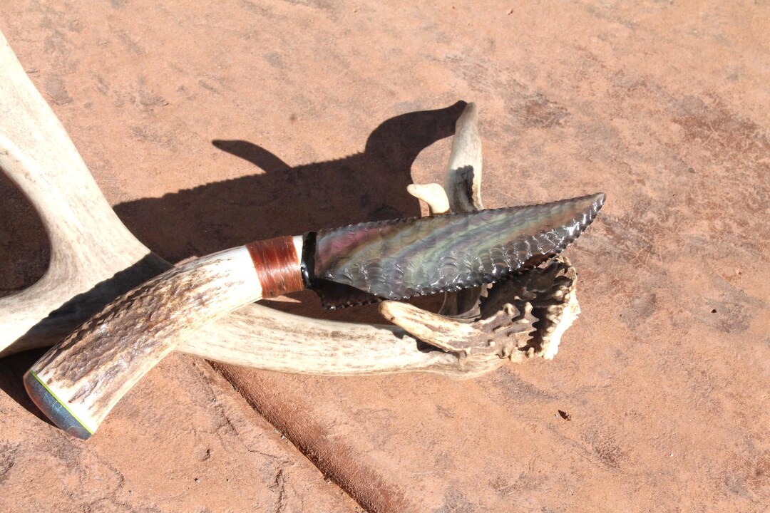 Rainbow Obsidian Knife With Elk Antler Handle & Burl End Cap - Etsy