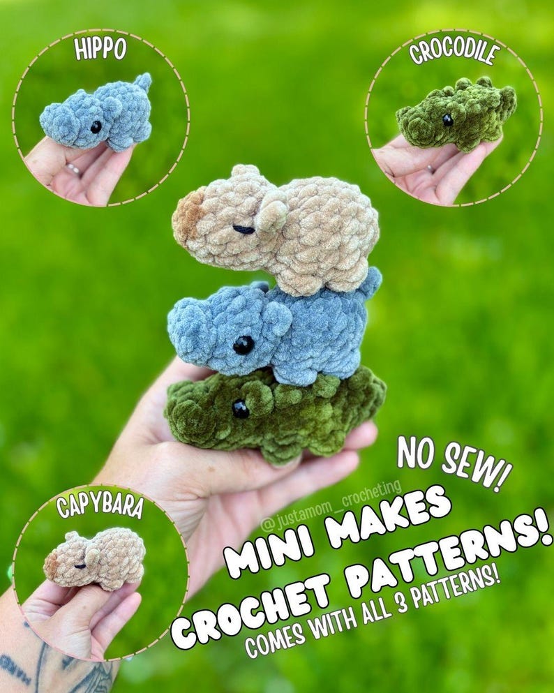 No Sew Crochet Mini Capybara, Hippo, Crocodile Plushies (PDF Pattern ...