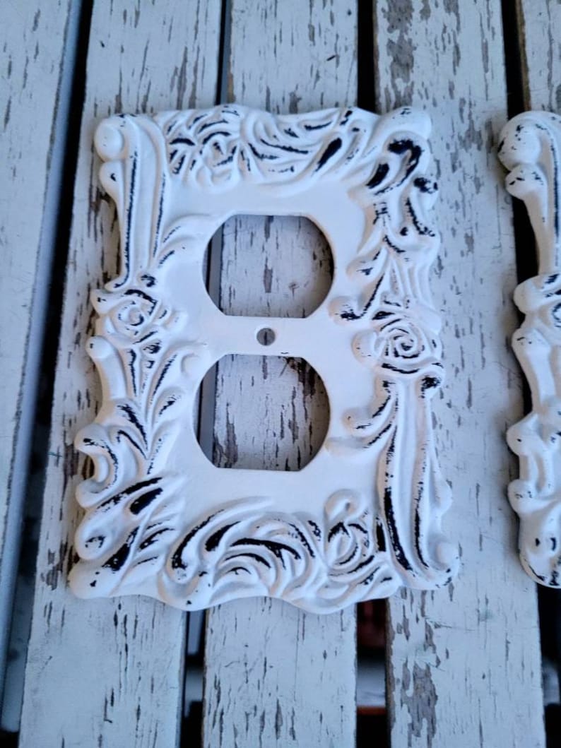 Distressed White Flower Rose Scroll Metal Outlet Cover or - Etsy
