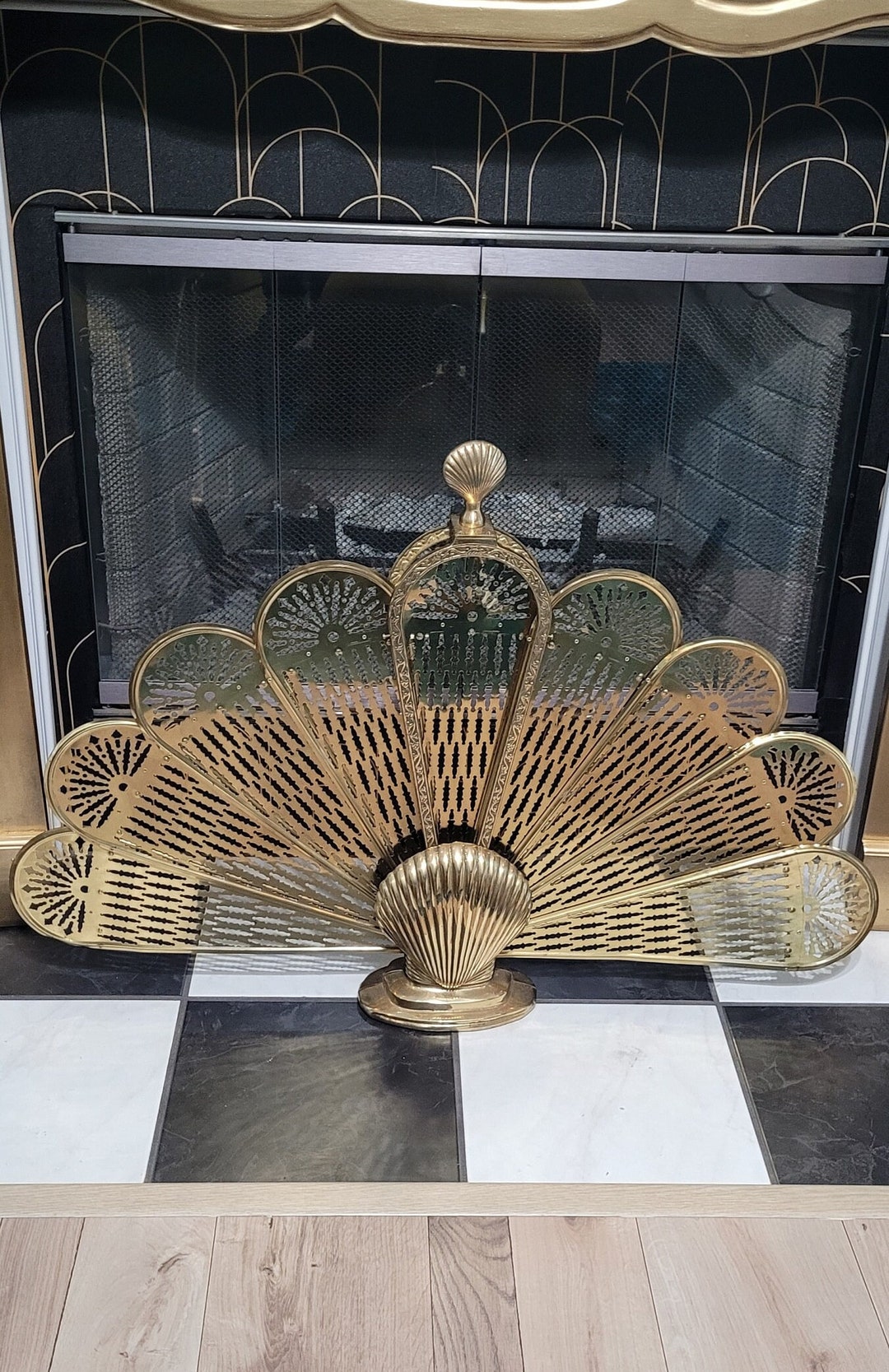 Vintage Brass Fan Fireplace Screen With Seashell Motif Full Size ...