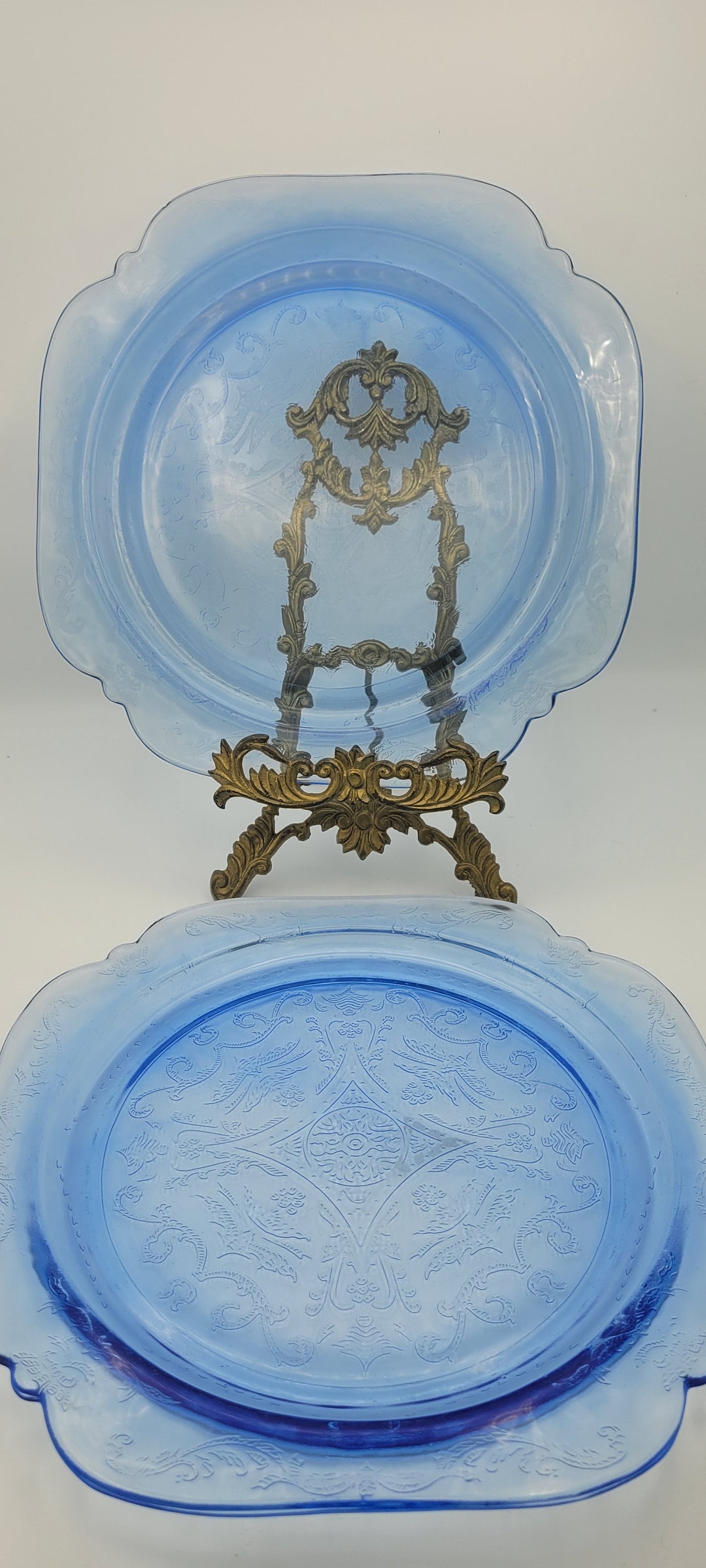 Two 10.5 Federal Glass MADRID Pattern Blue Depression Glass Square ...