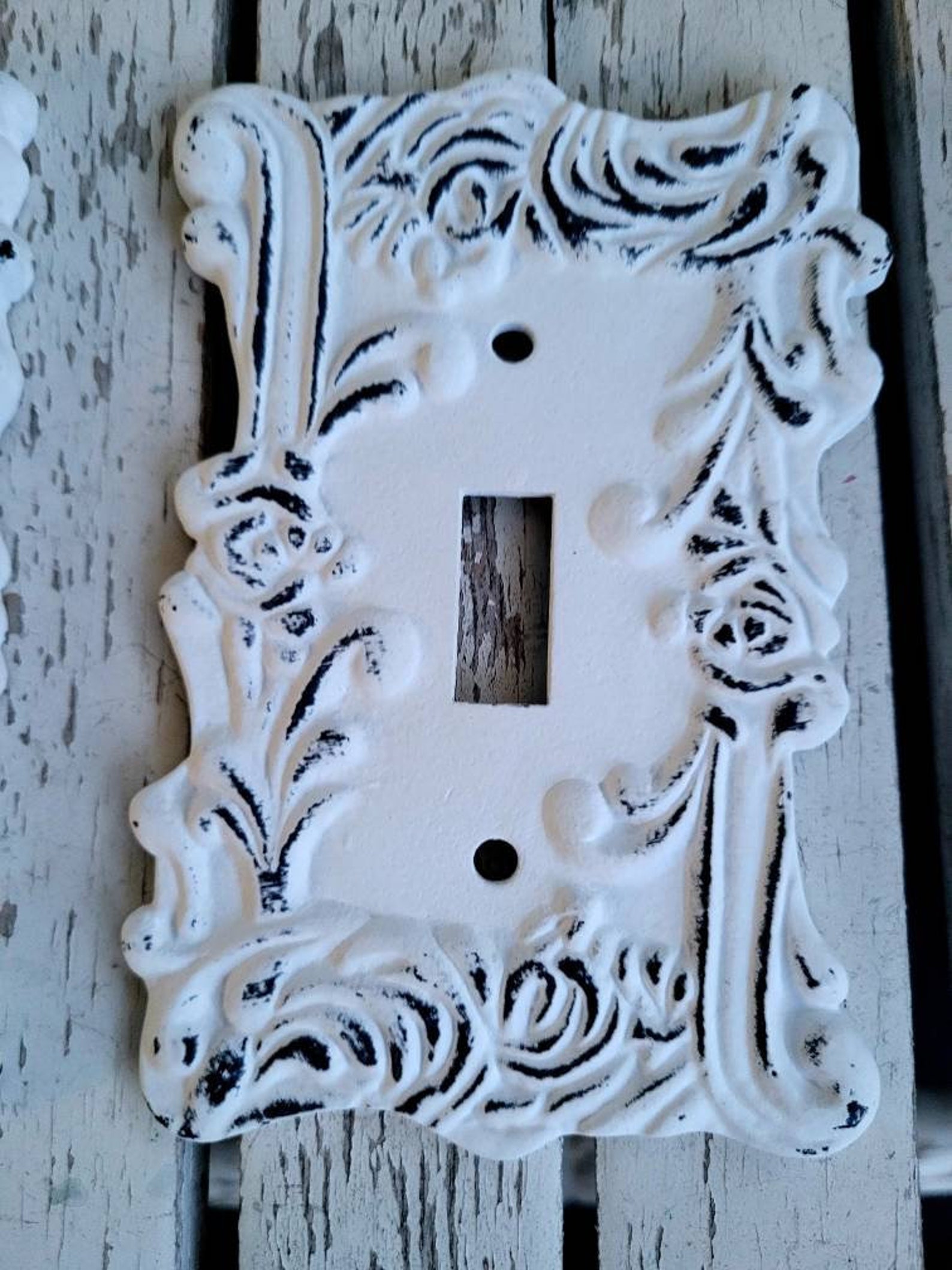 Distressed White Flower Rose Scroll Metal Outlet Cover or - Etsy