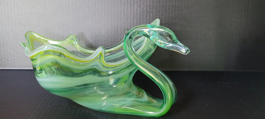 Vintage Circa 1960s Hand Blown Swan Bowl With Green Glass and White ...