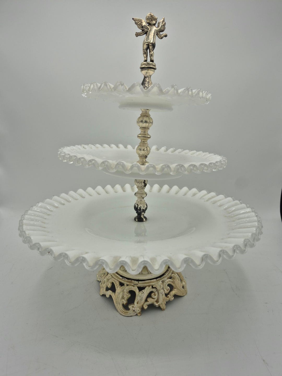 Fenton Silvercrest Triple Tier Tray Ruffled Milk Glass Lining Great ...