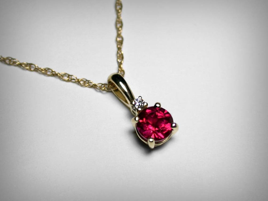 Simulated Ruby Necklace, 14K, Genuine Diamond, Imitation Ruby Pendant ...