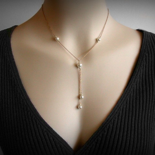 Pearl Y Necklace Gold Filled Tin Cup Pearl Lariat Pearl Etsy