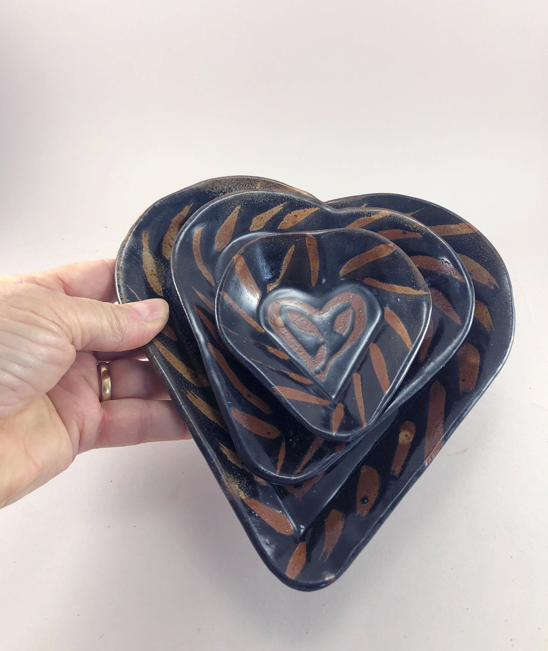 Three Nesting Black Heart Plates With Hand Painted Iron Decoration - Etsy
