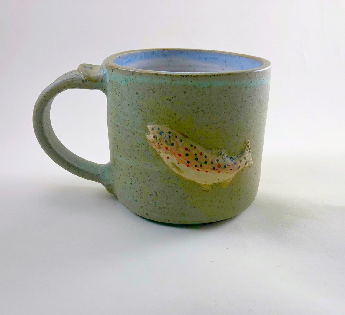 Brown or Rainbow Trout Mug With ABG Blue Green Glaze - Etsy