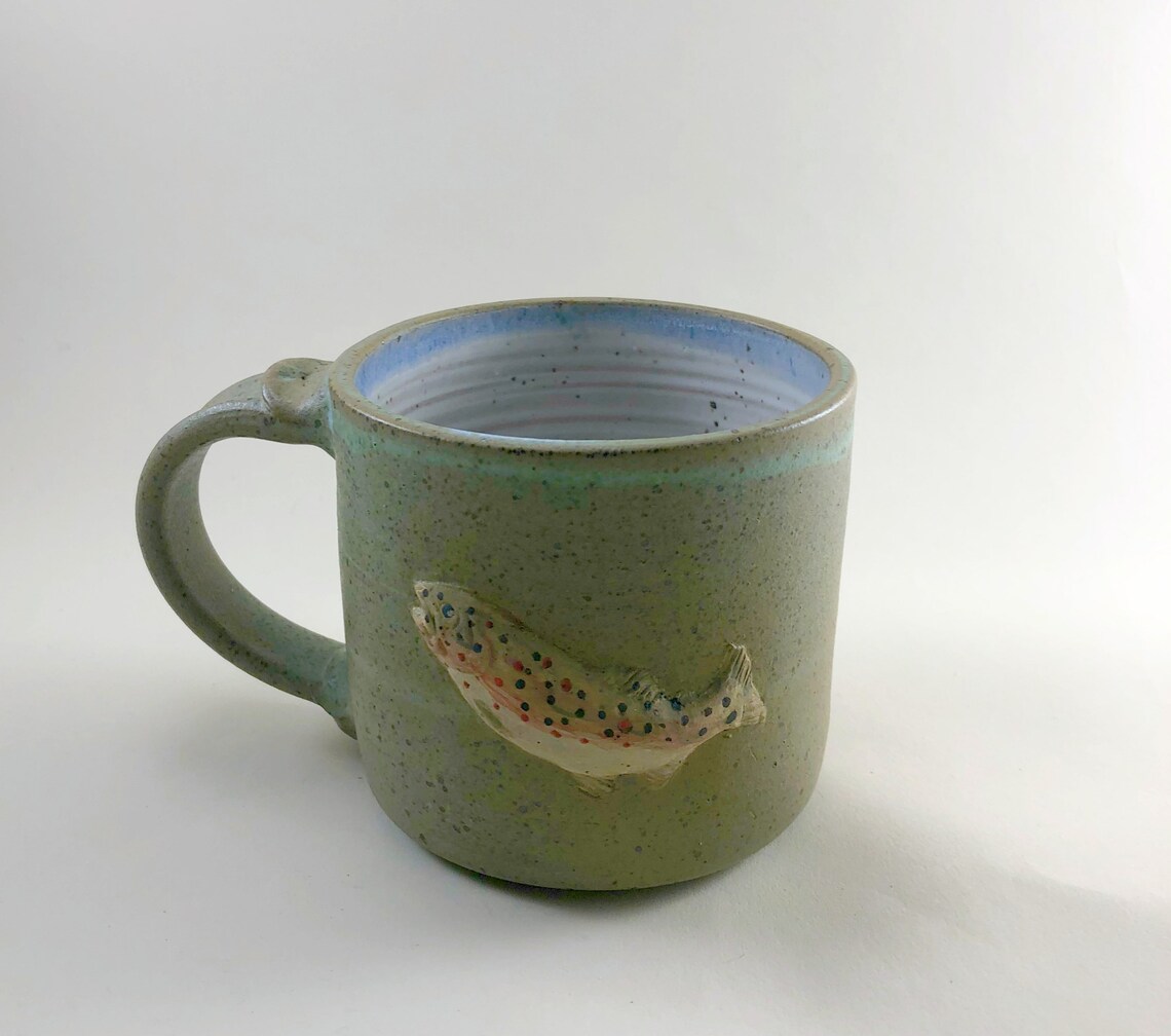 Brown or Rainbow Trout Mug With ABG Blue Green Glaze - Etsy