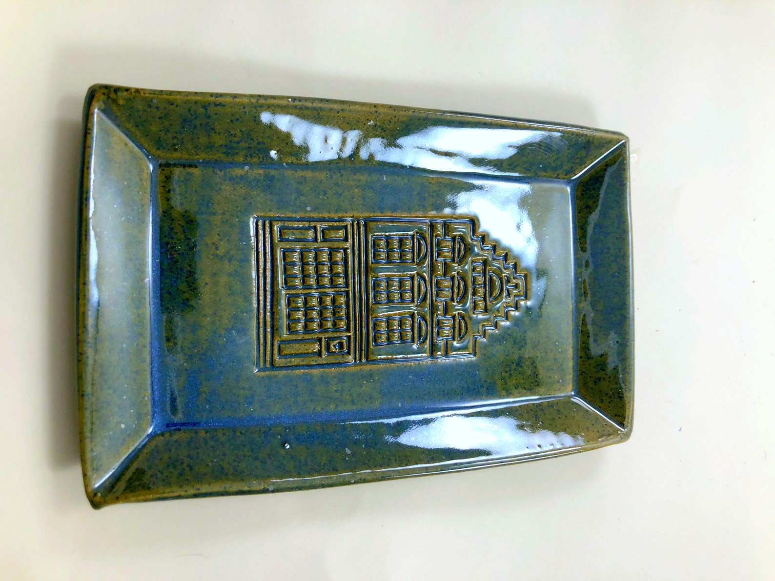 Deep Blue Green Side Dish With a Tall House Impression - Etsy