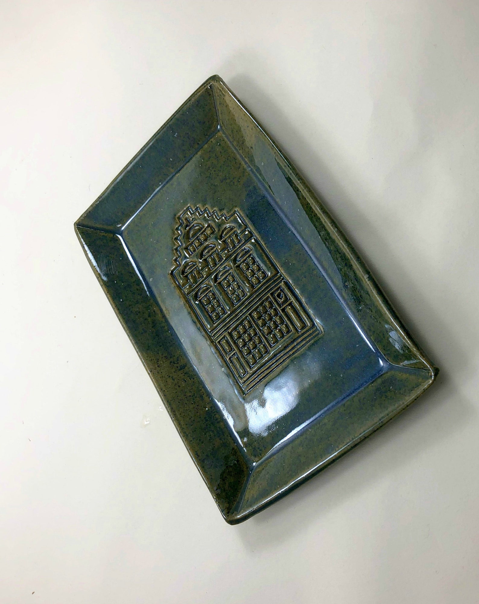 Deep Blue Green Side Dish With a Tall House Impression - Etsy