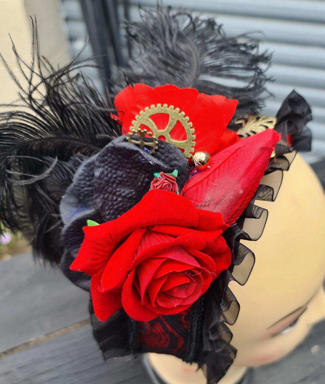 Steampunk Headdress Fascinator: Red Rose, Lace, Gears - Etsy