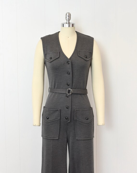 1970s Gray Wool Kimberly Flare Bell Bottom One Piece … - Gem