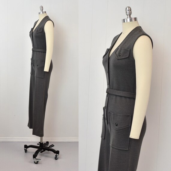 1970s Gray Wool Kimberly Flare Bell Bottom One Piece … - Gem