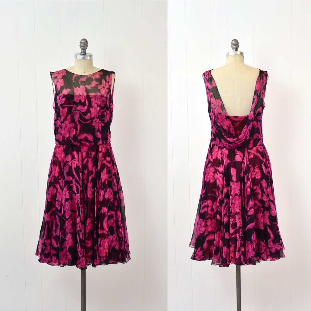 1950s Harvey Berin Pink Black Chiffon Floral Print Party Cocktail Mad ...