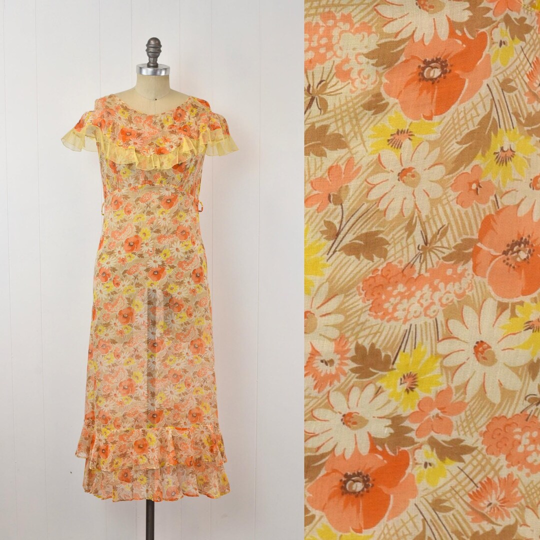 1930s Betty Baxley Frocks Poppy Floral Orange Yellow Cold Shoulder ...