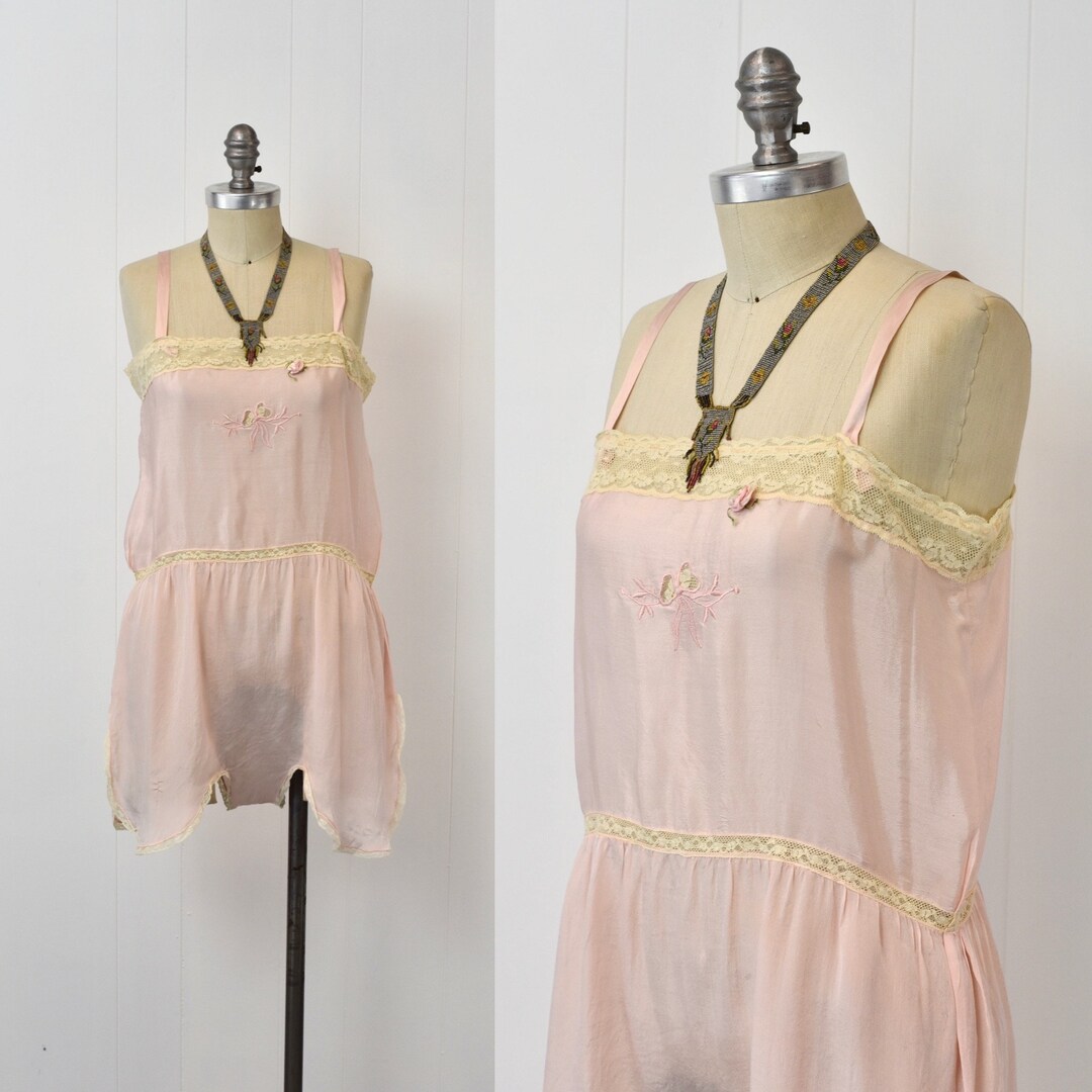 1920s Light Pink Floral Lace Embroidered One Piece Step in Flapper ...