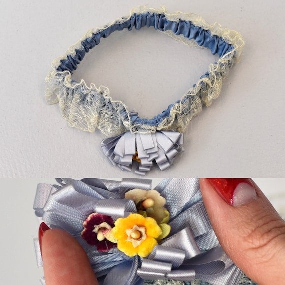 1940s/1950s Lace Blue Floral Garter Gloves Gauntlets … - Gem