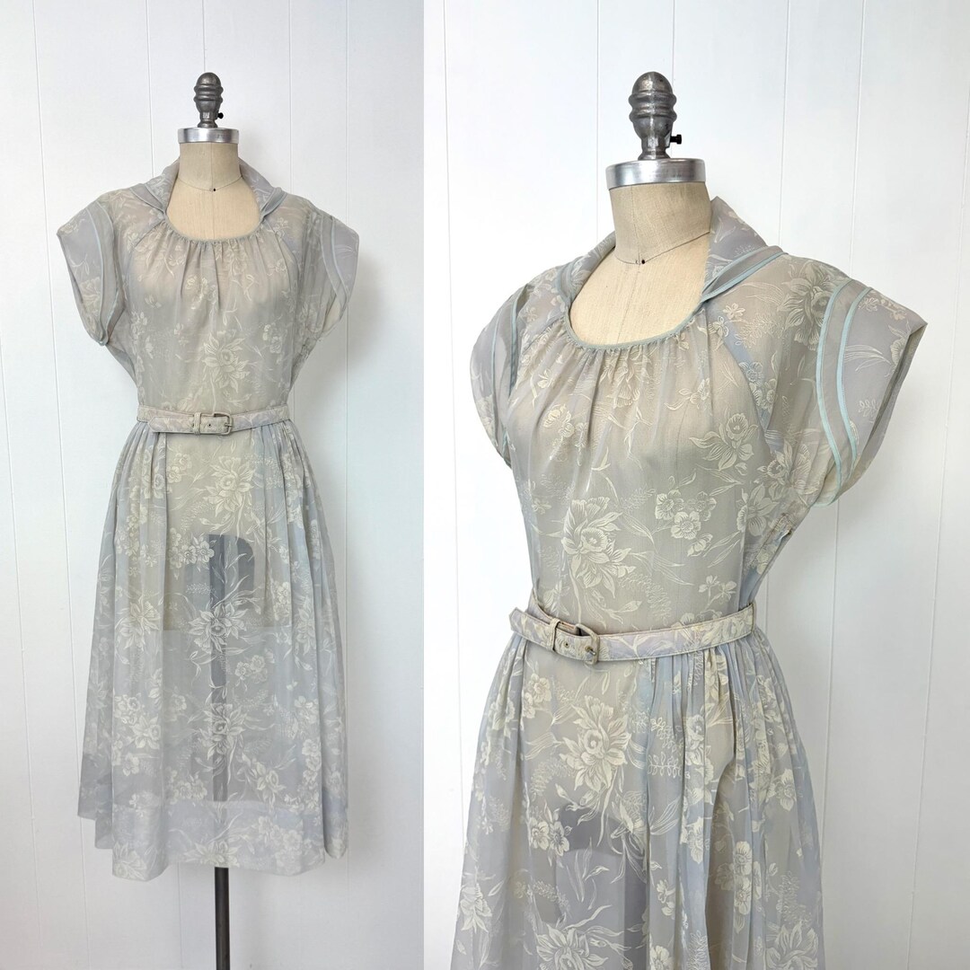 1950s Light Blue White Floral Print Sheer Mid Century Pinup Day Dress ...