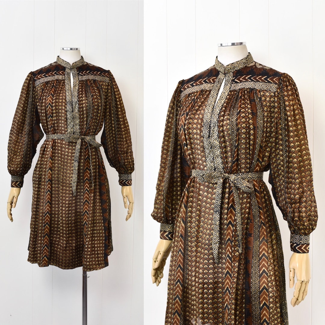 1970s Ritu Kumar for Judith Ann Indian Block Print Silk Balloon Sleeve ...