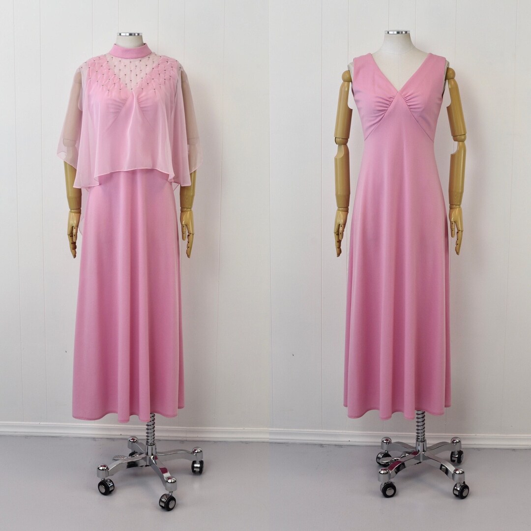 1970s Pink Rhinestone Disco Barbie Party Maxi Dress Gown and Sheer ...