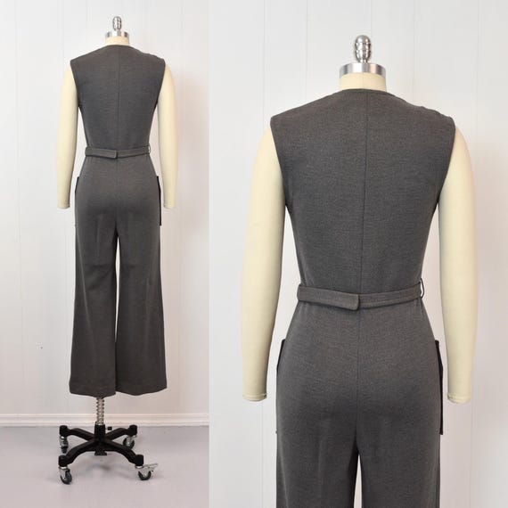 1970s Gray Wool Kimberly Flare Bell Bottom One Piece … - Gem