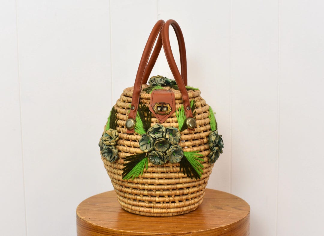 1960s Straw Rattan Beehive Green Floral Tiki Mid Century Basket Purse ...