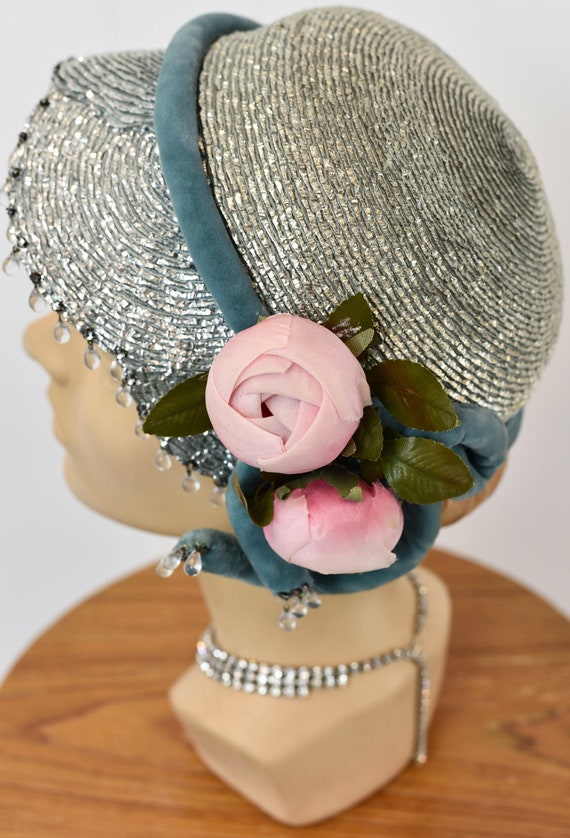 1960s Does 1920s Blue Floral Flapper Cloche Hat - Gem