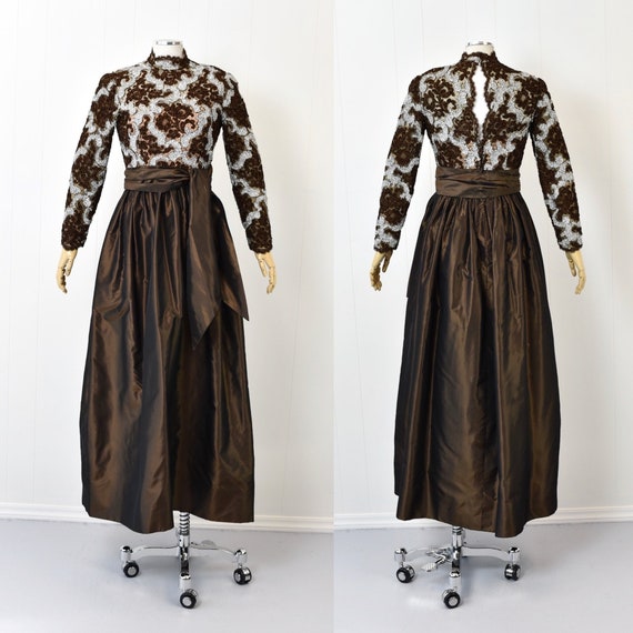 1960s Sarmi Brown & Silver Metallic Party Dress Gown - Gem