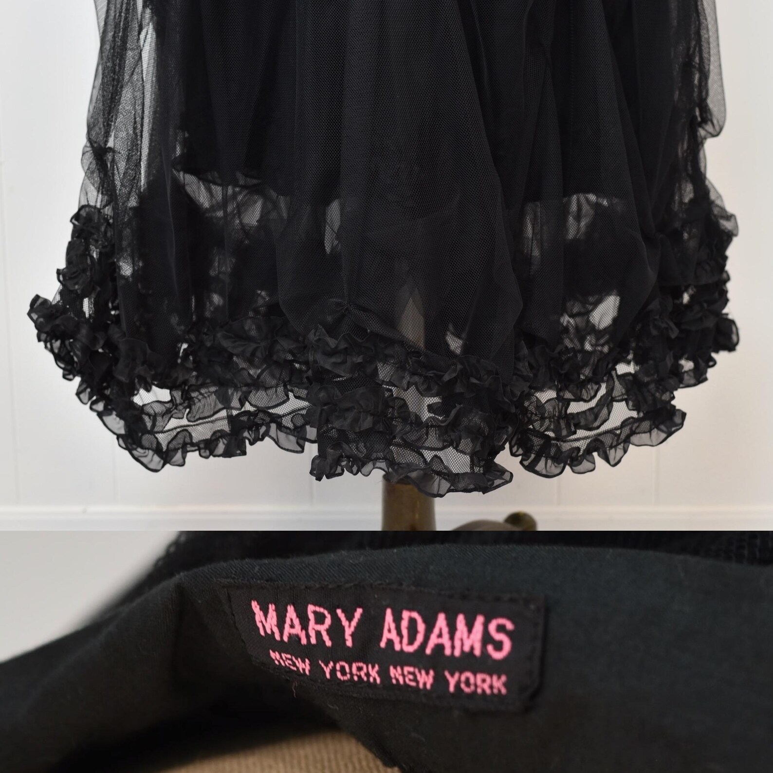 1980s Black Mesh Gathered Ruffled Mary Adams New York Goth Maxi Skirt ...