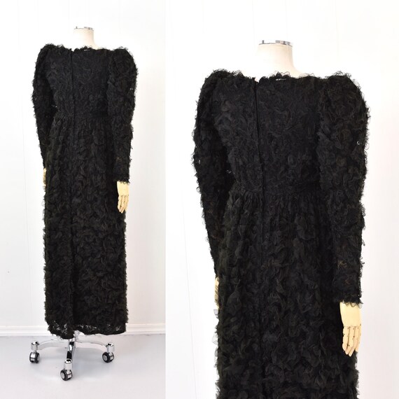1980s Black Ribbon Lace Puff Sleeve Witch Goth Long S… - Gem