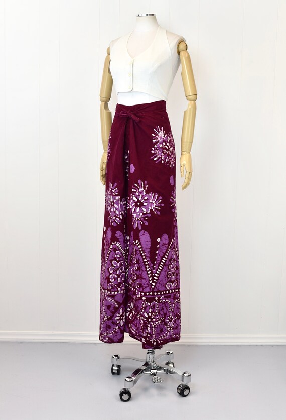 1970s Maroon Purple Batik Cotton Wrap Palazzo Pants - Gem