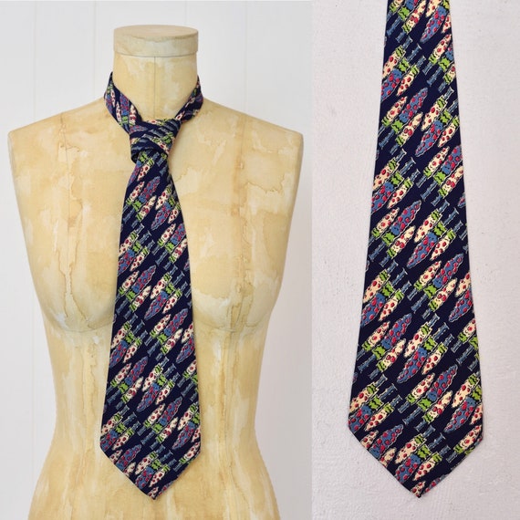 1940s/1950s Blue Novelty Print Tree Manhattan Silk Mi… - Gem
