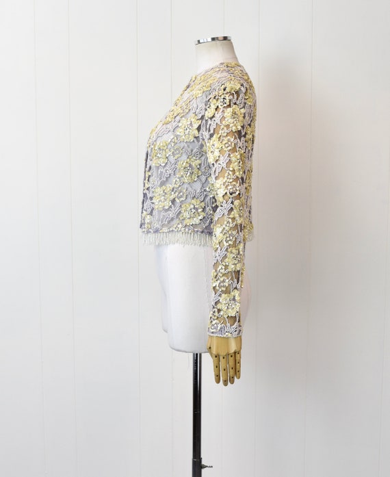1960s Lavender Floral Lace Yellow Sequin Beaded Fring… - Gem