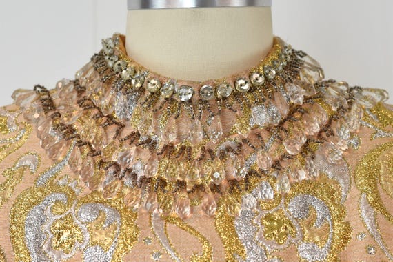1960s Beaded Rhinestone Fringe Brocade Metallic Gold … - Gem