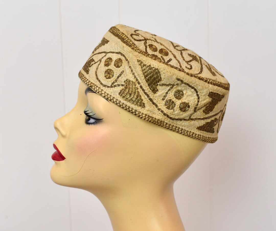1960s/1970s Gold Metallic Embroidered Pakistan Asian Ethnic Fez Style ...