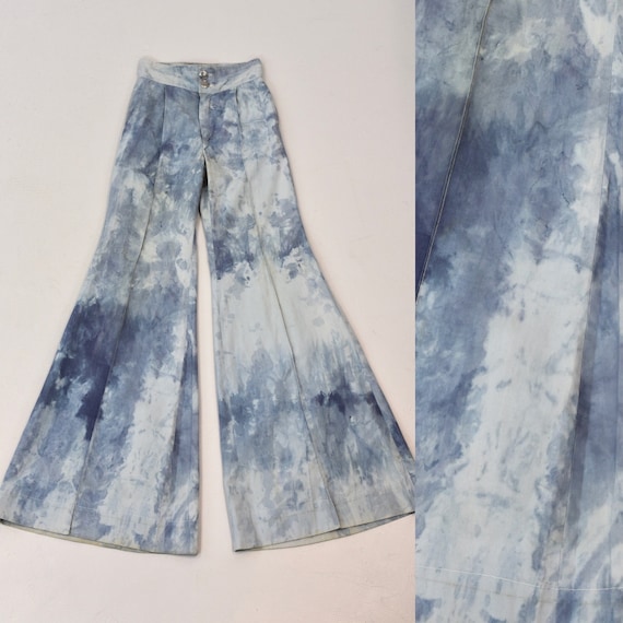 1970s Blue Tie Dye Bell Bottom Hippie Boho Denim Pant… - Gem