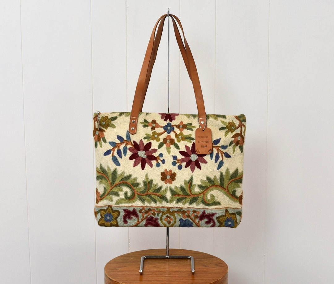 NOS 1970s/1980s Floral Chain Stitch Crewel Boho Leather Contessa Tote ...