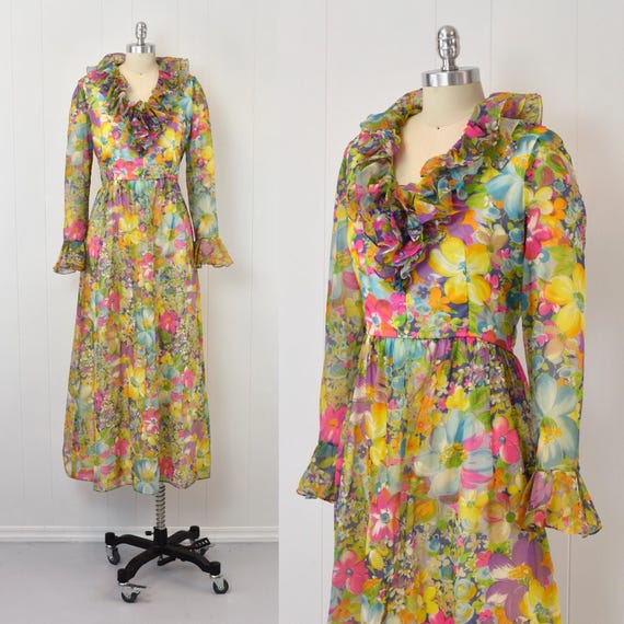 1970s Psychedelic Colorful Floral Flower Power Ruffle… - Gem