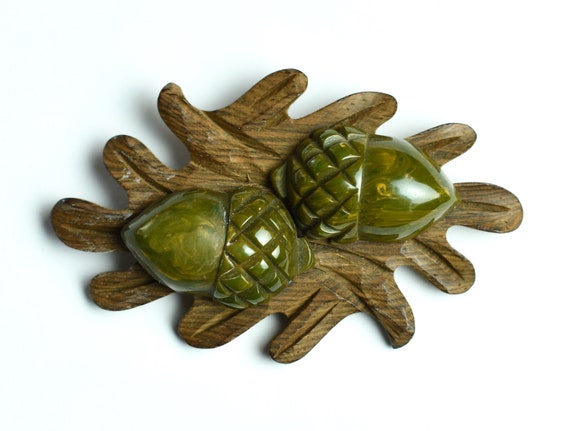 1940s Acorn Bakelite & Wood Novelty Pin Brooch Tested - Gem