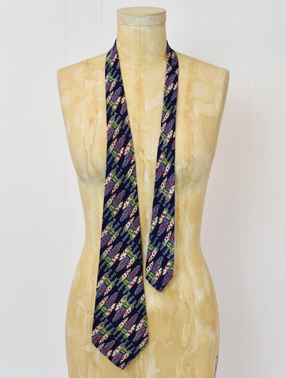 1940s/1950s Blue Novelty Print Tree Manhattan Silk Mi… - Gem
