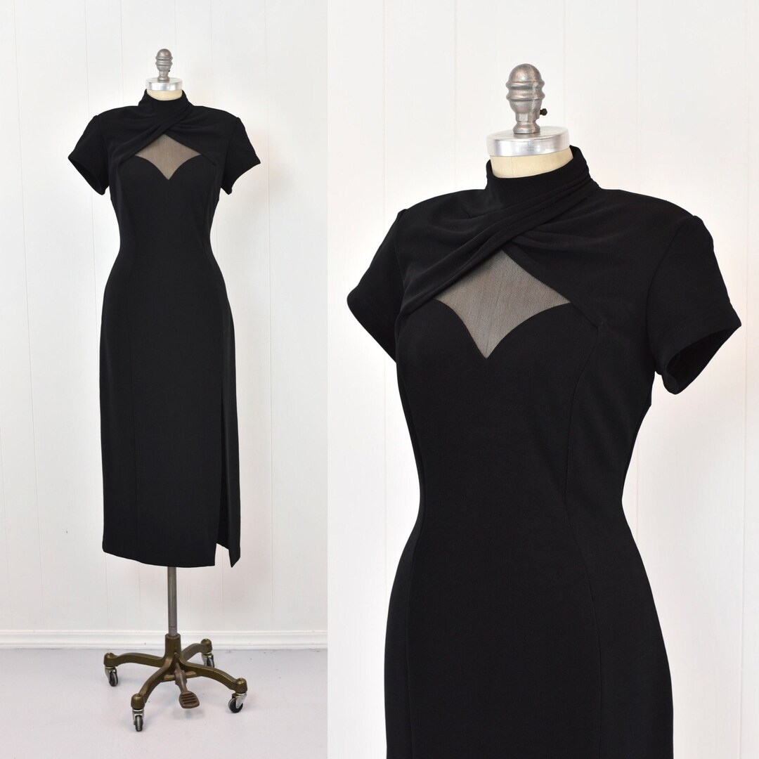 1980s Black Bombshell Sheer Mesh Illusion Neckline Night Way ...