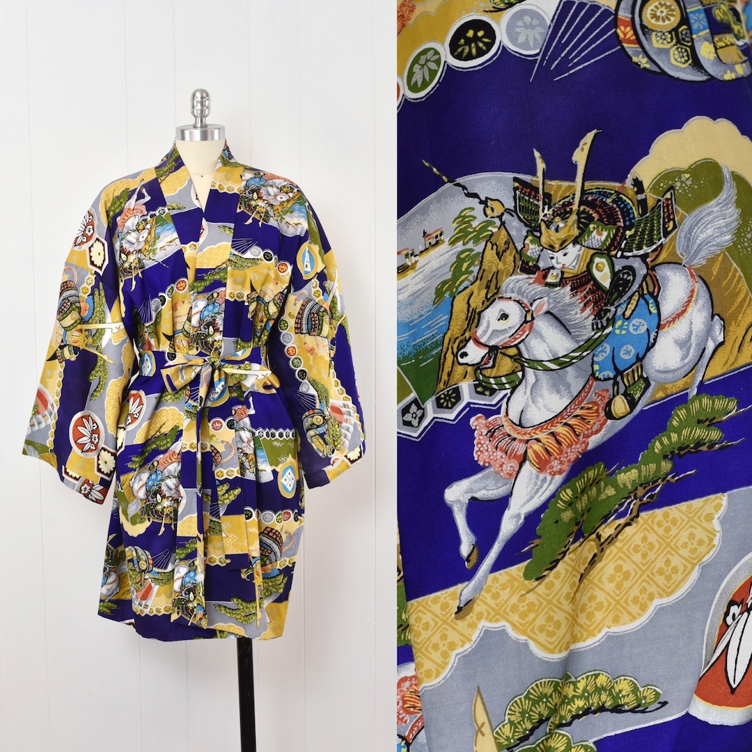 1970s Blue Japanese Asian Inspired Samurai Novelty Print Metallic Haori ...