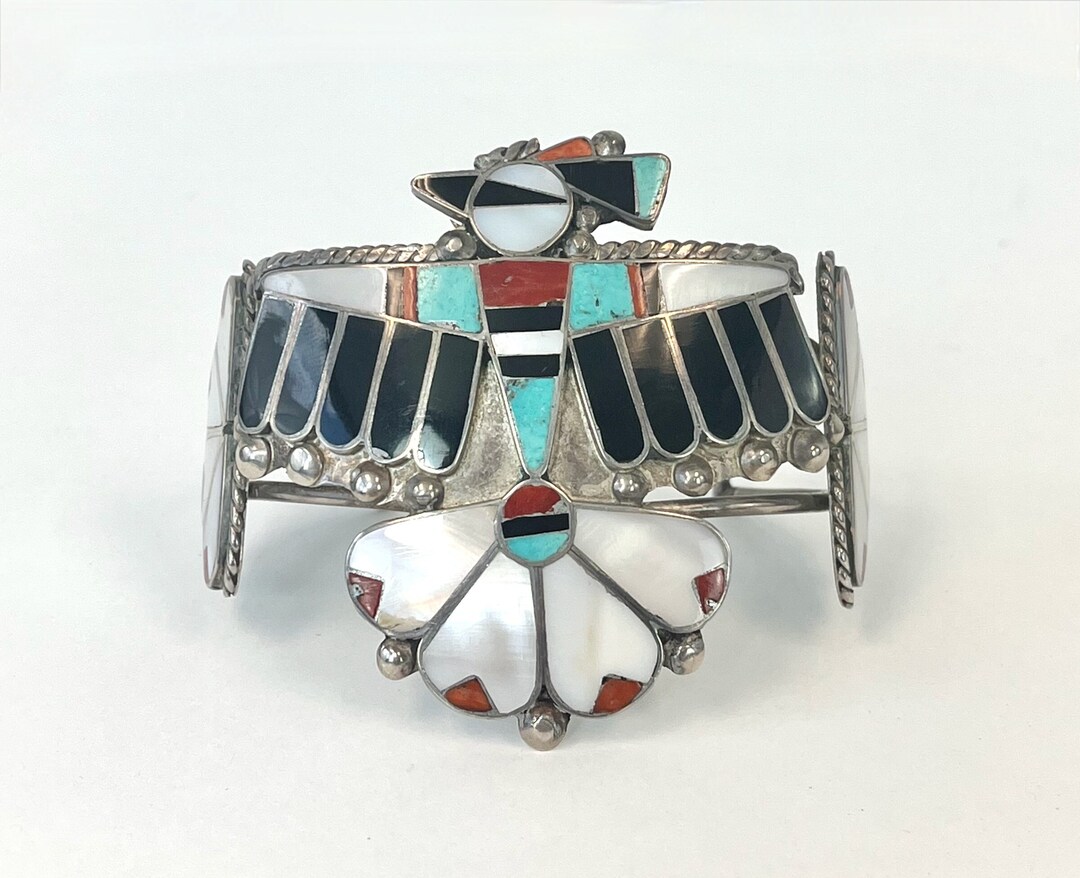 1960s Thunderbird Turquoise Coral Onyx Mother of Pearl Sterling Silver ...
